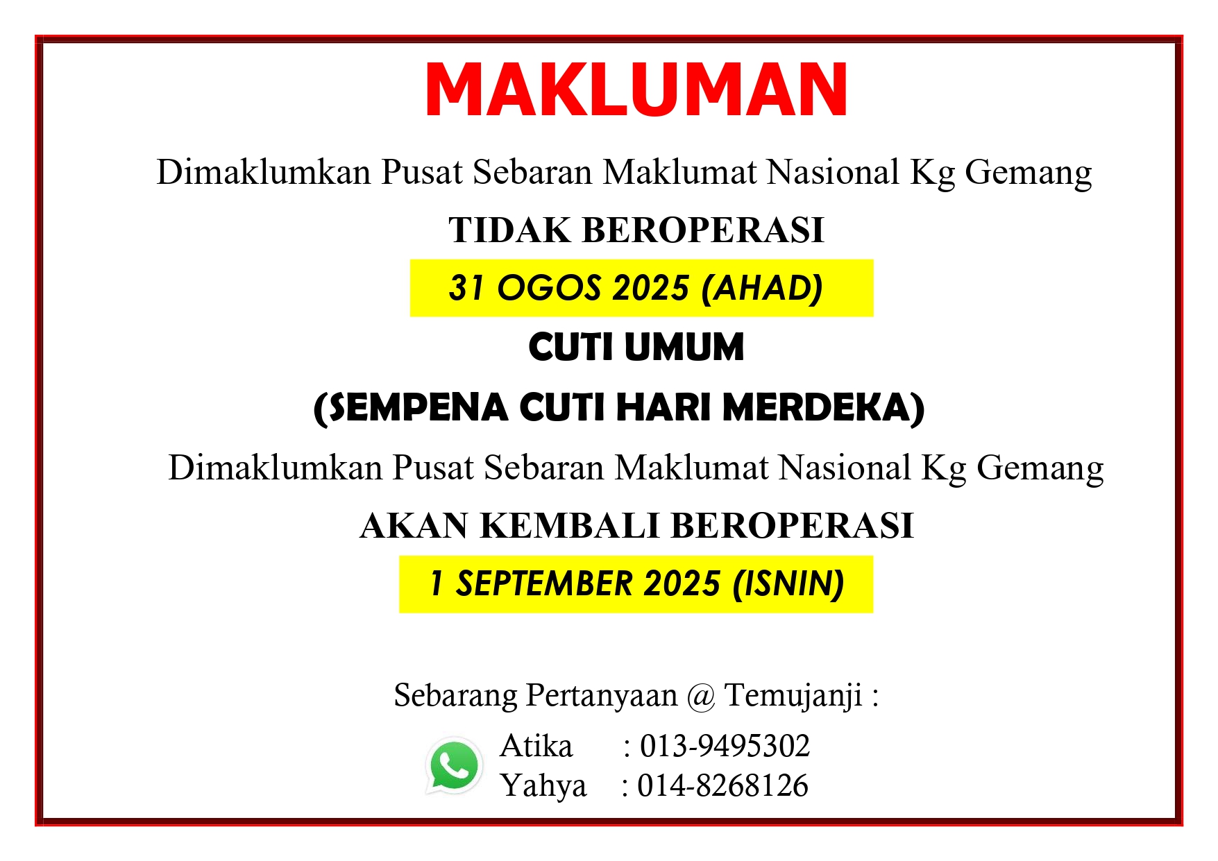 NOTIS MAKLUMAN PENUTUPAN SEMENTARA NADI SEMPENA CUTI UMUM (HARI ...